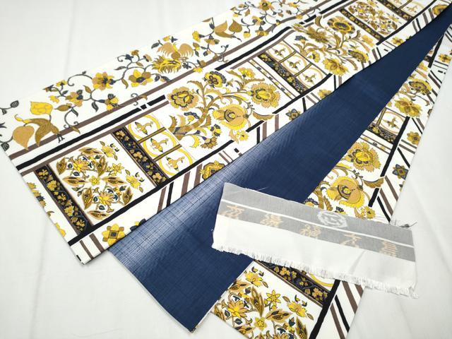 平和屋着物●本場縞大島紬　両面　全通柄袋帯　更紗花文　金彩　正絹　逸品　CABA1024hy