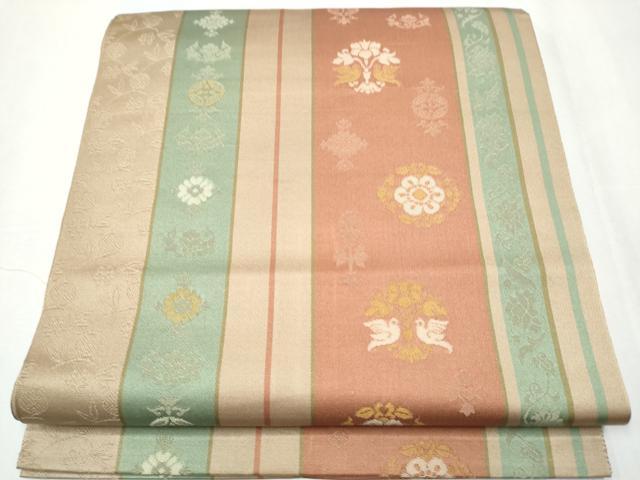 平和屋着物●八寸名古屋帯　向かい鳥花文　正絹　逸品　CABA1055hy