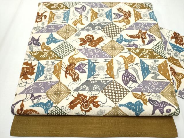 平和屋着物●全通柄　九寸名古屋帯　型染め　絞り　吉祥花文　お召縮緬　正絹　逸品　CABA1062hy