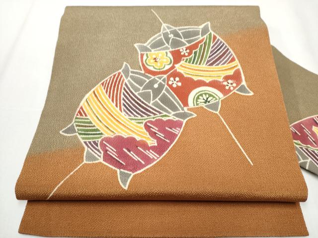 平和屋着物●九寸名古屋帯　型染め　糸巻き　鬼しぼ縮緬　正絹　逸品　CABA1071hy