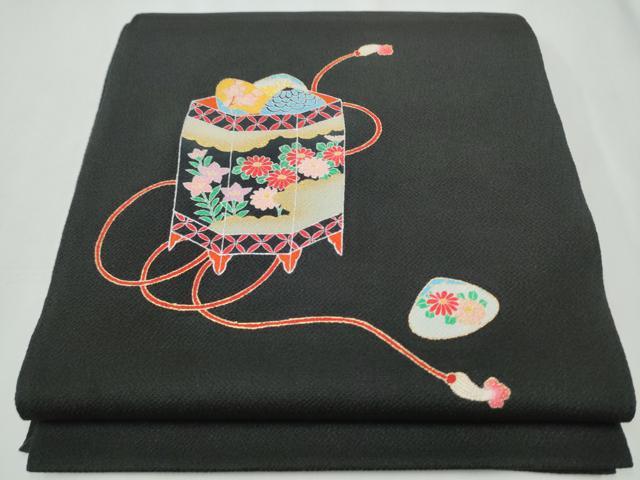 平和屋着物●九寸開き名古屋帯　貝桶花文　黒地　金彩　鬼しぼ縮緬　正絹　逸品　CABA1081hy