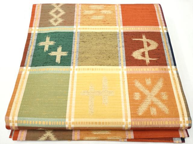 平和屋着物●九寸開き名古屋帯　紬地　幾何学文様　正絹　逸品　CABA1090hy