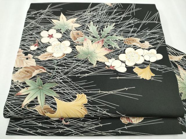 平和屋着物●九寸名古屋帯　友禅　草花文　黒地　正絹　逸品　CABA1096hy