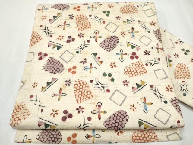 平和屋着物●全通柄　九寸名古屋帯　生紬　型染め　幾何学文様　正絹　逸品　CABA1099hy