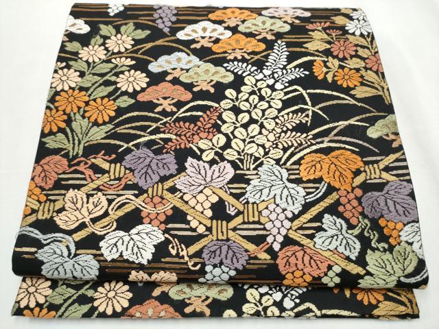 平和屋着物●六通柄袋帯　唐織錦　葡萄秋草文様　黒地　金糸　正絹　逸品　CABA1162hy