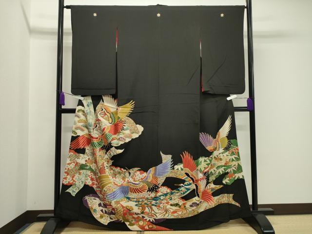 平和屋着物●アンティーク　大正ロマン　黒留袖　駒刺繍　束ね熨斗飛鶴花文　金彩　正絹　逸品　CABA1219gh