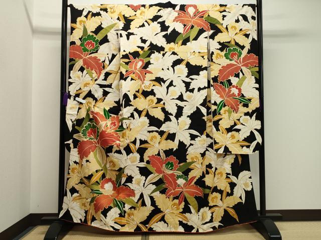 平和屋着物●豪華振袖　駒刺繍　カトレア　黒地　金彩　正絹　逸品　CABA1221gh