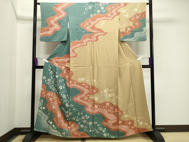 平和屋着物●訪問着　絞り　流水花文　金彩　正絹　逸品　CABA1248gh