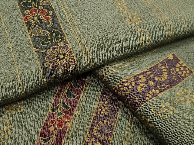 平和屋着物●上質な小紋　花唐草間道　金彩　鬼しぼ縮緬　正絹　逸品　CABA1265gh