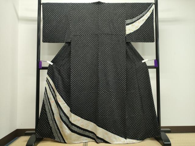 平和屋着物●訪問着　絞り　刺繍　舞蝶文　黒地　金彩　正絹　逸品　CABA1441gh