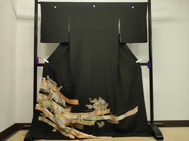 平和屋着物●創業460年・千總　黒留袖　駒刺繍　熨斗草花文　金彩　ロング丈　正絹　逸品　CABA1495gh