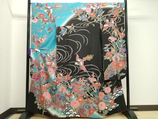 平和屋着物●豪華振袖　型染め　鴛鴦舟花文　暈し染め　黒地　正絹　逸品　CABA1523gh