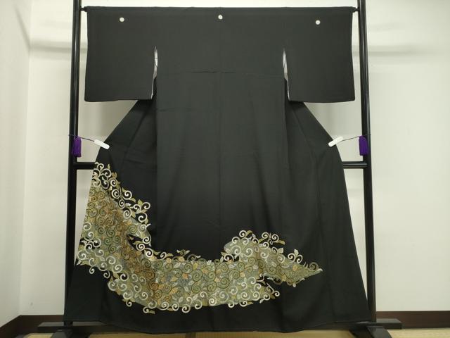 平和屋着物●豪華黒留袖　駒刺繍　唐草文　金彩　正絹　逸品　CABA1529gh