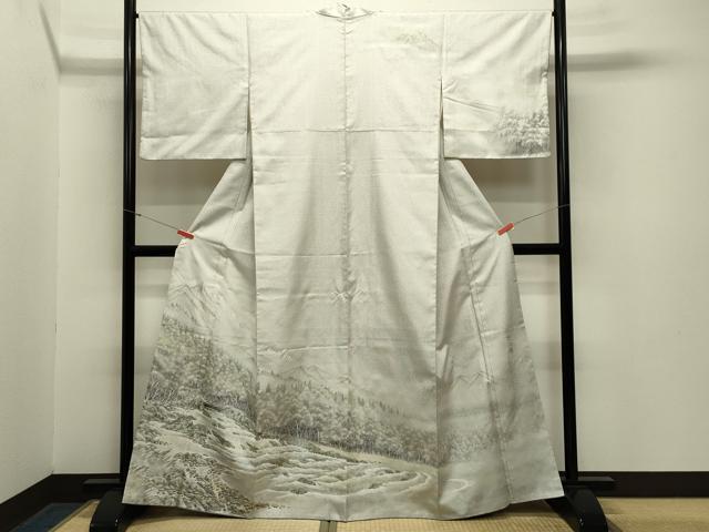 平和屋着物●訪問着　紬地　作家物　手描き　奥入瀬　暈し染め　正絹　逸品　CABA1554gh