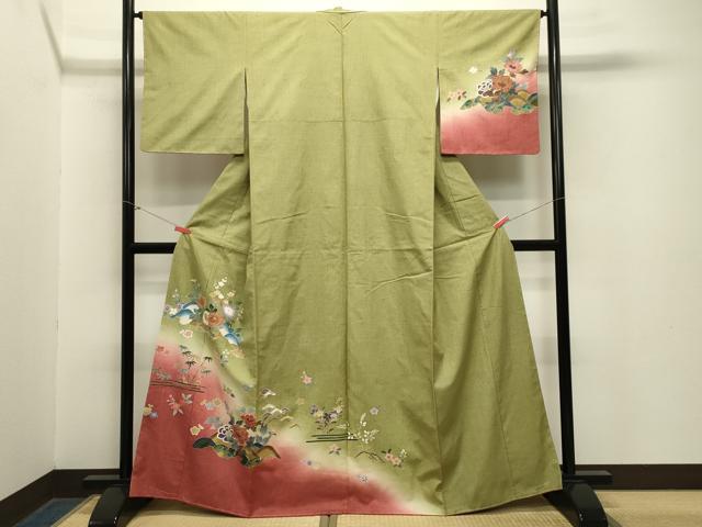 平和屋着物●訪問着　紬地　型染め　松竹梅花文　暈し染め　金彩　正絹　逸品　未使用　CABA1559gh