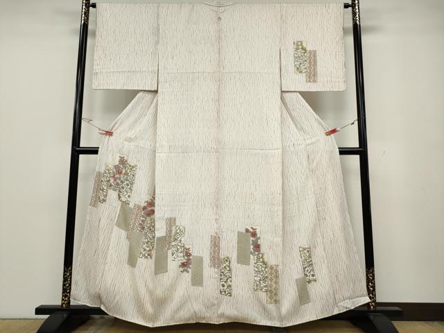 平和屋着物●訪問着　杢目絞り　短冊重ね花文　金彩　正絹　逸品　CABA1613ut