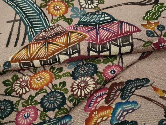 平和屋着物●上質な小紋　琉球紅型　風景草花文　鬼しぼ縮緬　正絹　逸品　CABA1646ut