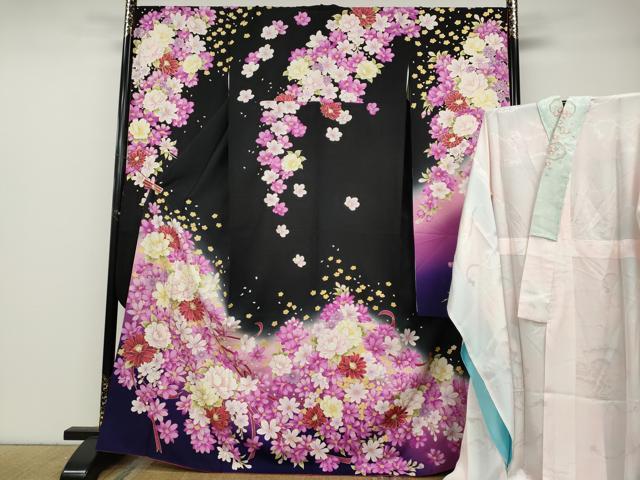 平和屋着物●豪華振袖・長襦袢セット　駒刺繍　舞花文　暈し染め　黒地　金彩　半衿刺繍　正絹　逸品　CABA1812ut