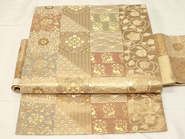 平和屋着物●つけ帯　格子兎更紗花文　金糸　正絹　逸品　CABA2173dy
