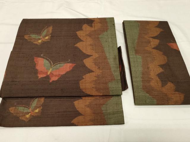 平和屋着物●ワンタッチつけ帯　紬地　舞蝶文　正絹　逸品　CABA2178dy