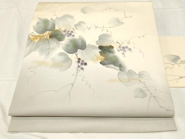 平和屋着物●九寸名古屋帯　作家物　手描き　葡萄蔦の葉文　金彩　正絹　逸品　CABA2180dy