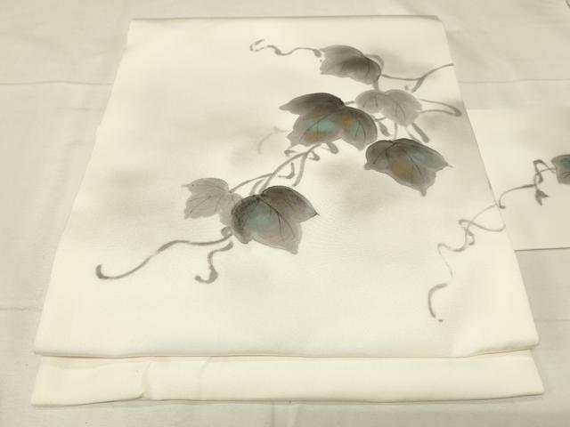 平和屋着物●塩瀬　九寸名古屋帯　手描き　蔦の葉文　金彩　正絹　逸品　未使用　CABA2186dy