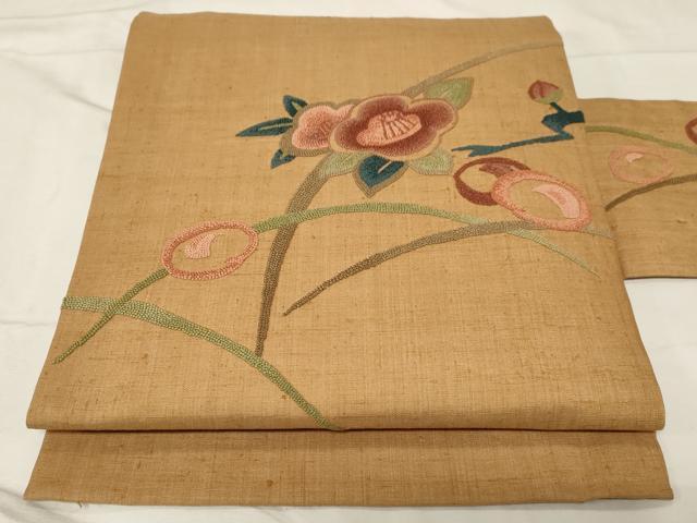 平和屋着物●中国三大刺繍　相良刺繍　総刺繍　九寸名古屋帯　紬地　椿　橘文　正絹　逸品　CABA2190dy