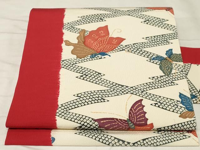 平和屋着物●摺型友禅　京都　多ち花　九寸名古屋帯　舞蝶文　正絹　逸品　未使用　CABA2202dy