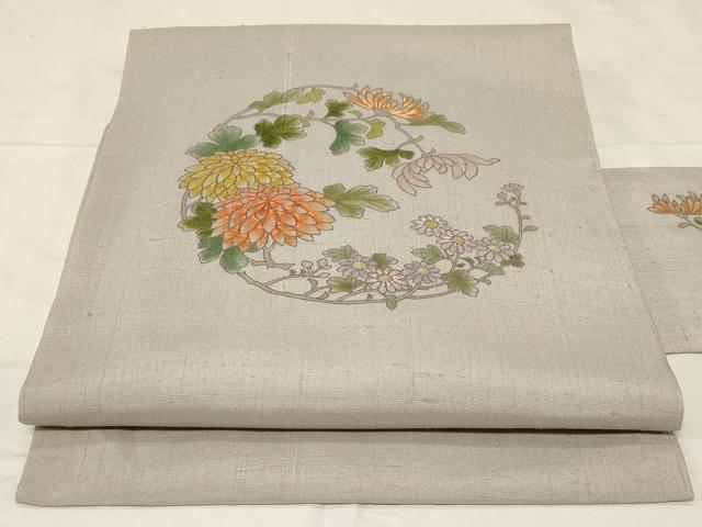 平和屋着物●九寸名古屋帯　紬地　刺繍　草花丸文　正絹　逸品　未使用　CABA2205dy