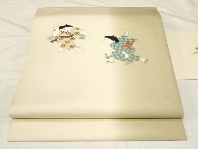 平和屋着物●塩瀬　九寸名古屋帯　作家物　童子遊び　金彩　正絹　逸品　CABA2209dy