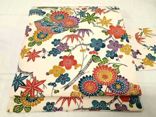 平和屋着物●全通柄　九寸名古屋帯　型染め　松竹梅花文　正絹　逸品　未使用　CABA2221dy