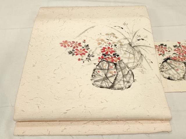 平和屋着物●九寸名古屋帯　作家物　手描き　髭紬　陶器花文　正絹　逸品　CABA2222dy