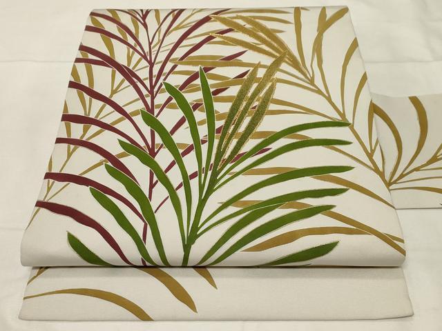 平和屋着物●塩瀬　九寸名古屋帯　駒刺繍　草木文　正絹　逸品　CABA2226dy