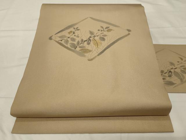 平和屋着物●銀座きしや　塩瀬　九寸名古屋帯　竹屋町刺繍　手描き　菱花文　榛色　金彩　正絹　逸品　CABA2228dy