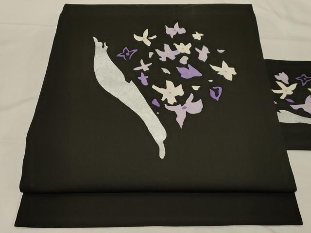 平和屋着物●塩瀬　九寸名古屋帯　舞花文　黒地　金銀彩　正絹　逸品　CABA2243dy