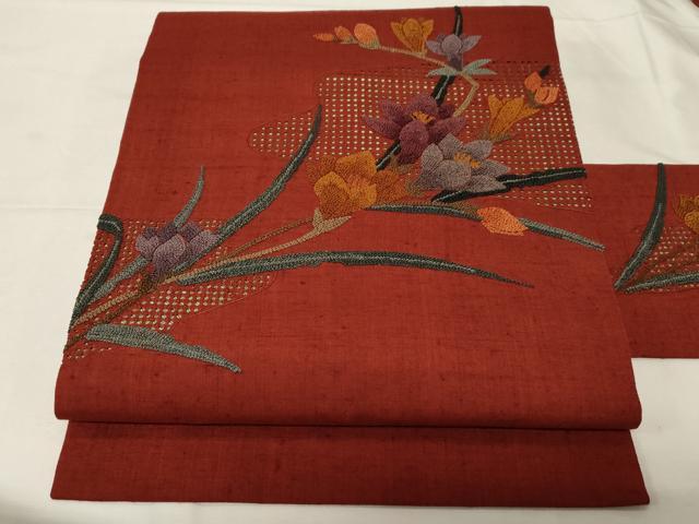 平和屋着物●中国三大刺繍　スワトウ刺繍　相良刺繍　総刺繍　九寸名古屋帯　紬地　草花文　正絹　逸品　未使用　CABA2250dy