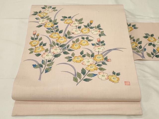 平和屋着物●九寸名古屋帯　作家物　手描き　紬地　草花文　正絹　逸品　CABA2252dy