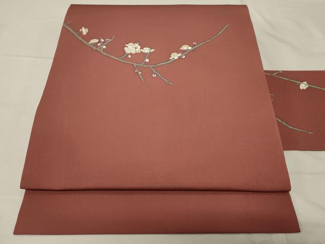 平和屋着物●塩瀬　九寸名古屋帯　作家物　枝梅文　金彩　正絹　逸品　CABA2256dy