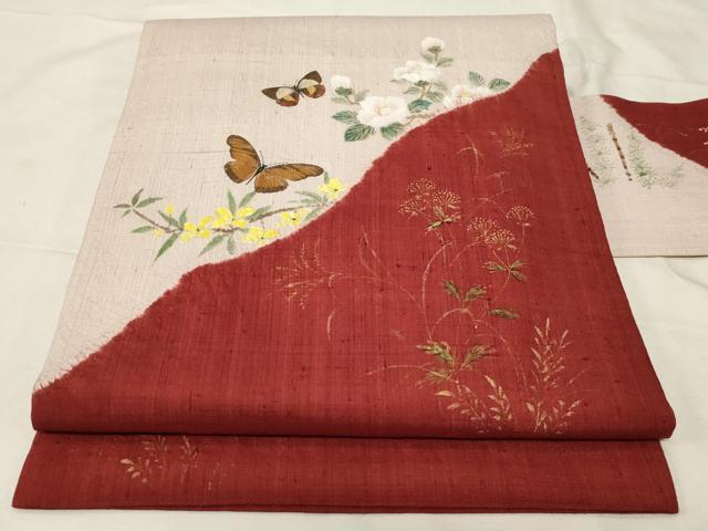 平和屋着物●九寸名古屋帯　作家物　生紬　花蝶文　金彩　正絹　逸品　CABA2258dy