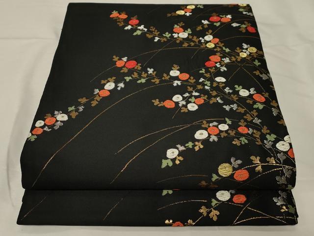平和屋着物●九寸開き名古屋帯　唐織　万寿菊　黒地　金銀彩　正絹　逸品　CABA2259dy