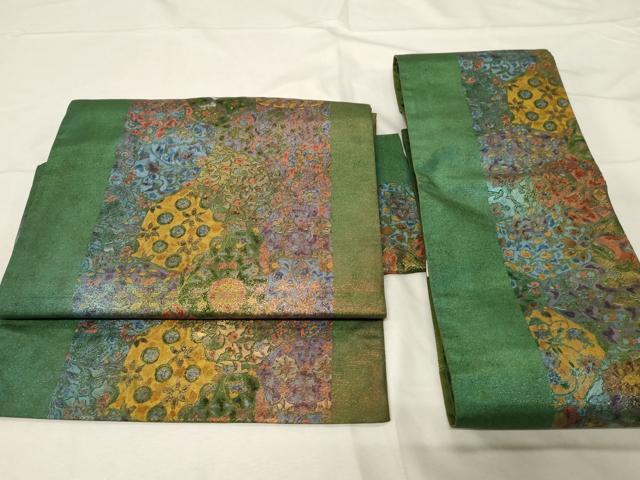 平和屋着物●ワンタッチつけ帯　作家物　紬地　切嵌草花文　金彩　正絹　逸品　CABA2262dy