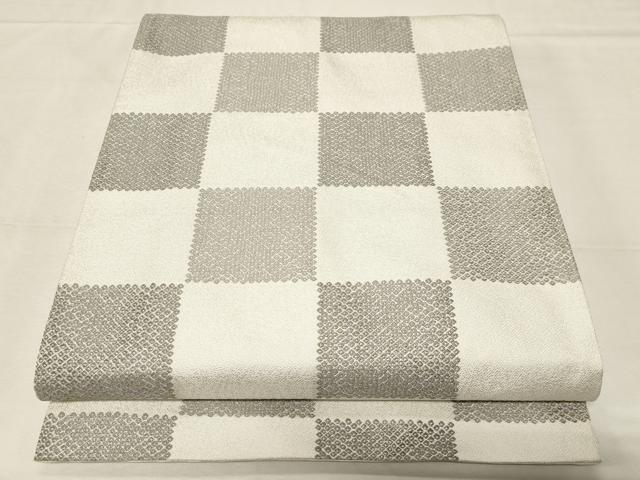 平和屋着物●全通柄袋帯　市松文様　銀糸　正絹　逸品　CABA2283dy