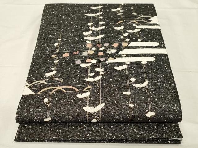 平和屋着物●太鼓柄袋帯　エ霞草花文　銀通し地　正絹　逸品　CABA2290dy