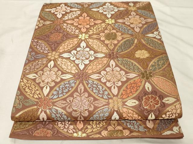 平和屋着物●六通柄袋帯　唐織　草木染　七宝花文　金糸　正絹　逸品　CABA2294dy