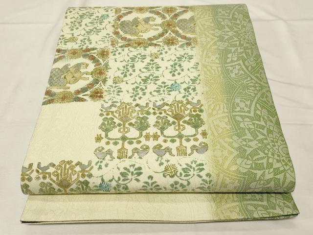 平和屋着物●太鼓柄袋帯　ふくれ織　木版　動物花文　やまと誂製　正絹　逸品　未使用　CABA2328dy