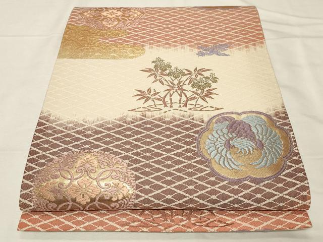 平和屋着物●六通柄袋帯　伝統工芸士　小長谷喜八郎　唐織　翔美　花鳥文　金糸　正絹　逸品　CABA2332dy