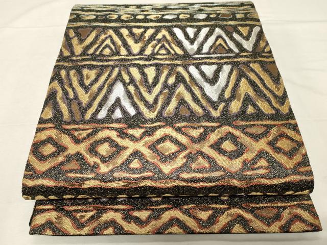 平和屋着物●六通柄袋帯　作家物　横段吉祥文　黒地　金銀糸　正絹　逸品　CABA2348dy