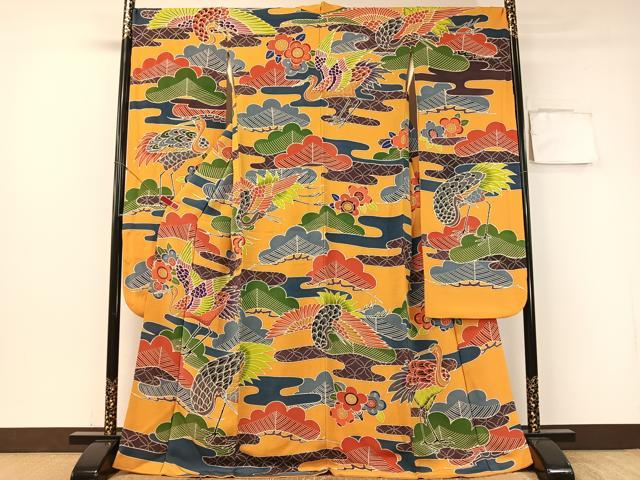 平和屋着物●豪華振袖　型染め　霞飛鶴梅松文　鬼しぼ縮緬　正絹　逸品　CABA4687vp