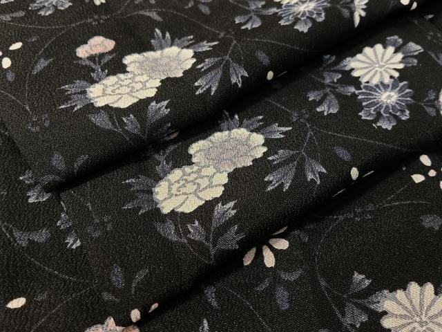 平和屋着物●小紋　花唐草文　黒地　洗える着物　CABA4699vp