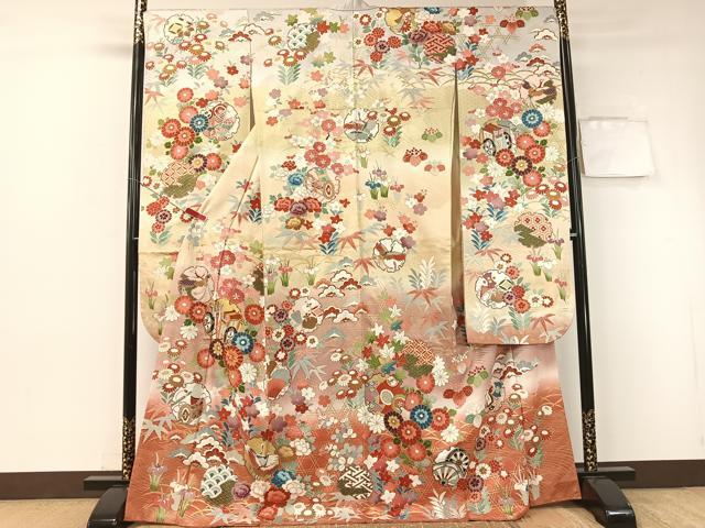 平和屋着物●豪華振袖　駒刺繍　雪輪吉祥花鳥文　暈し染め　金彩　正絹　逸品　CABA4759vp
